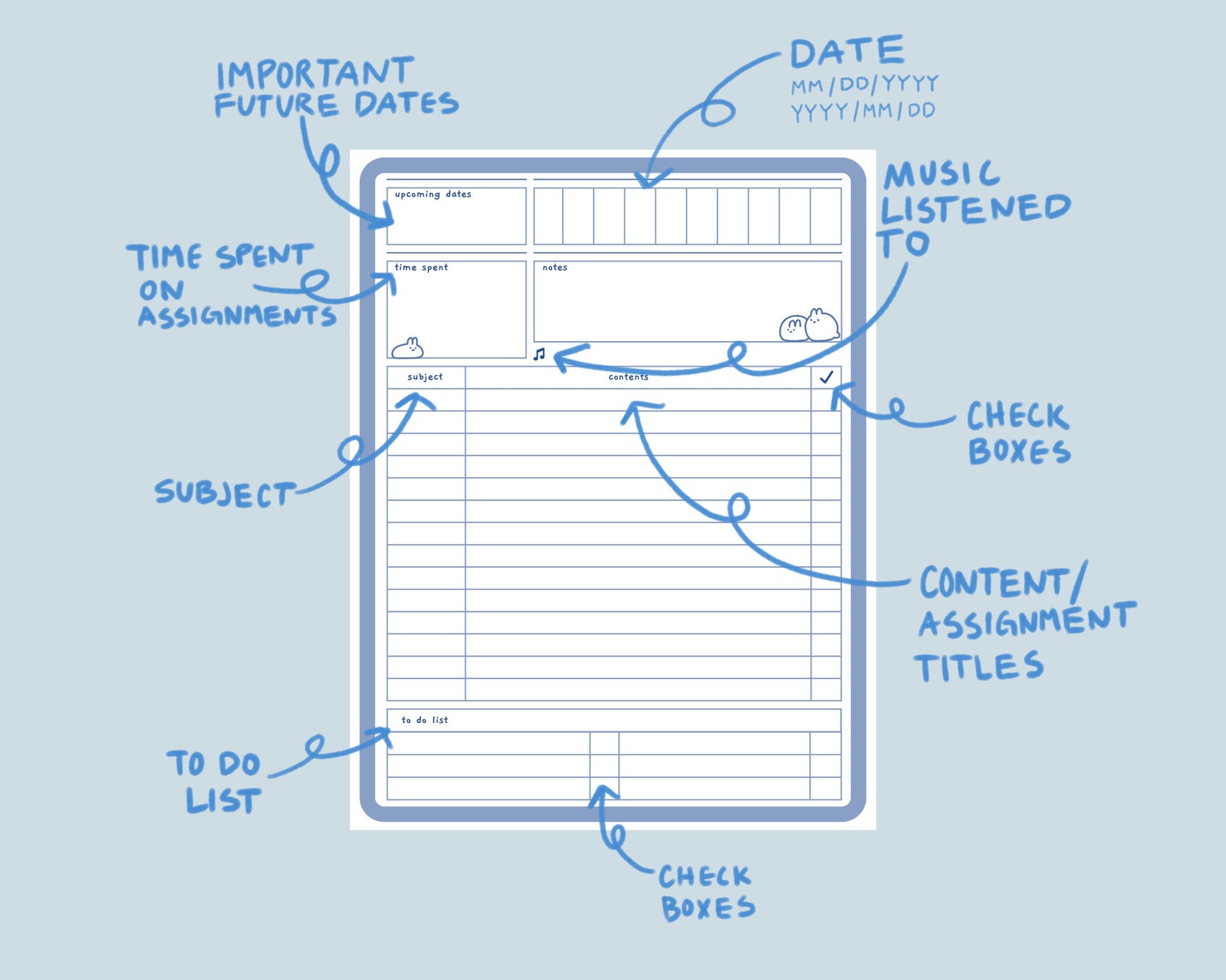Chubby Bunny Daily Homework Tracker, Digital Planner, Kawaii Planner ...