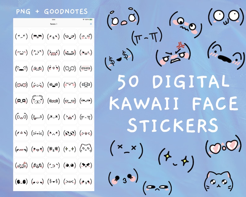 Kawaii Faces Digital Stickers 50 Pack, Emotion Stickers, Kawaii Face ...