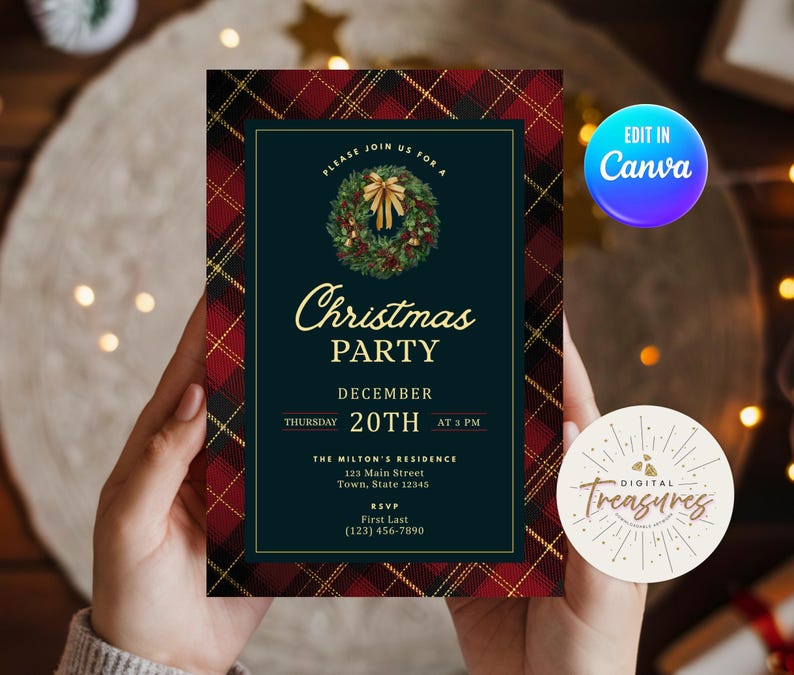 EDITABLE Classic Plaid Christmas Party Invite Card - Christmas ...