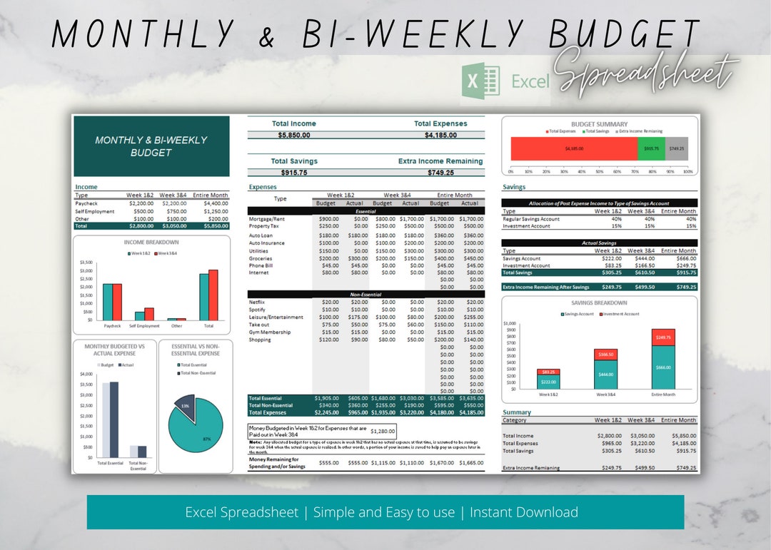 Simple Monthly and Bi-weekly Budget Spreadsheet, Fully Automated and ...