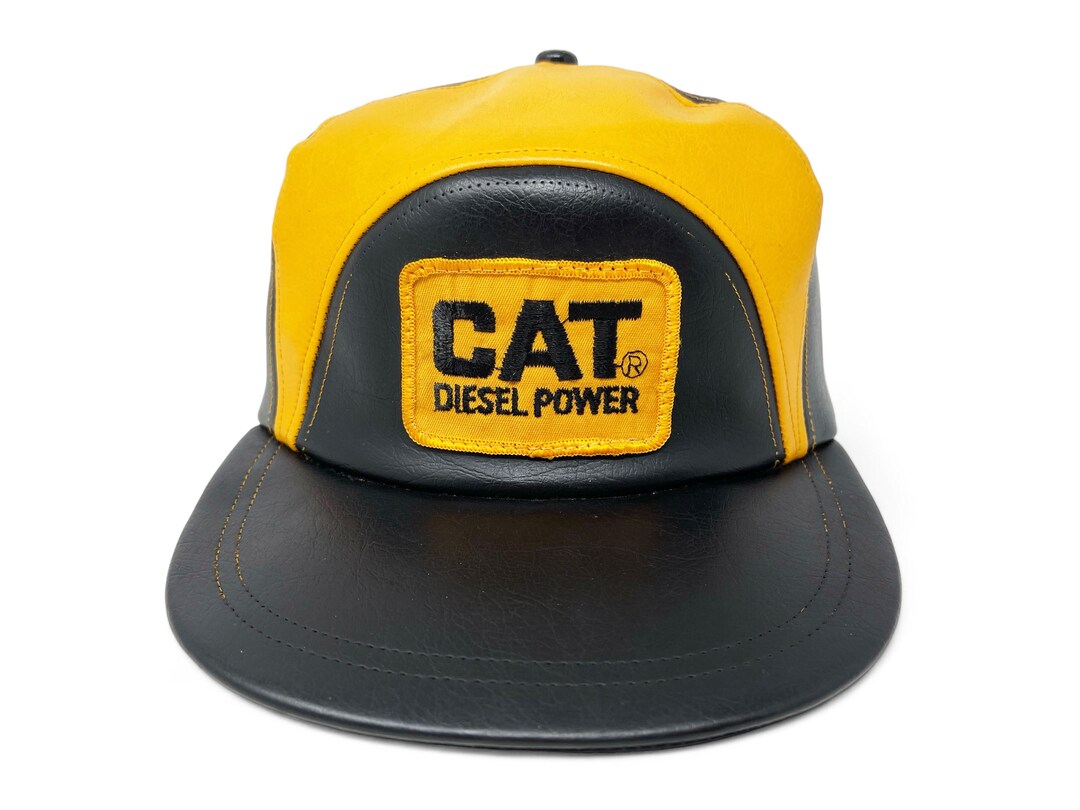 Vintage CAT Diesel Power Leather Hat 70s 80s Construction Fitted Cap ...