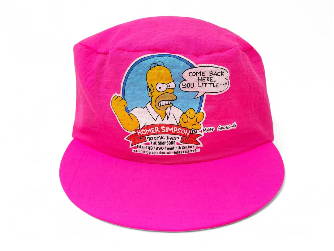 Vintage Homer Simpson Hat 80s 90s Painters Cap Neon Hot Pink Atomic Dad ...