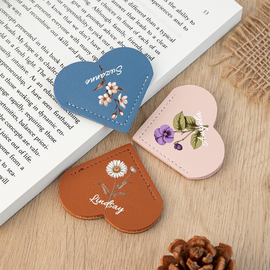 Colorful Birth Flower Corner Bookmark, Heart Corner Leather Bookmark ...