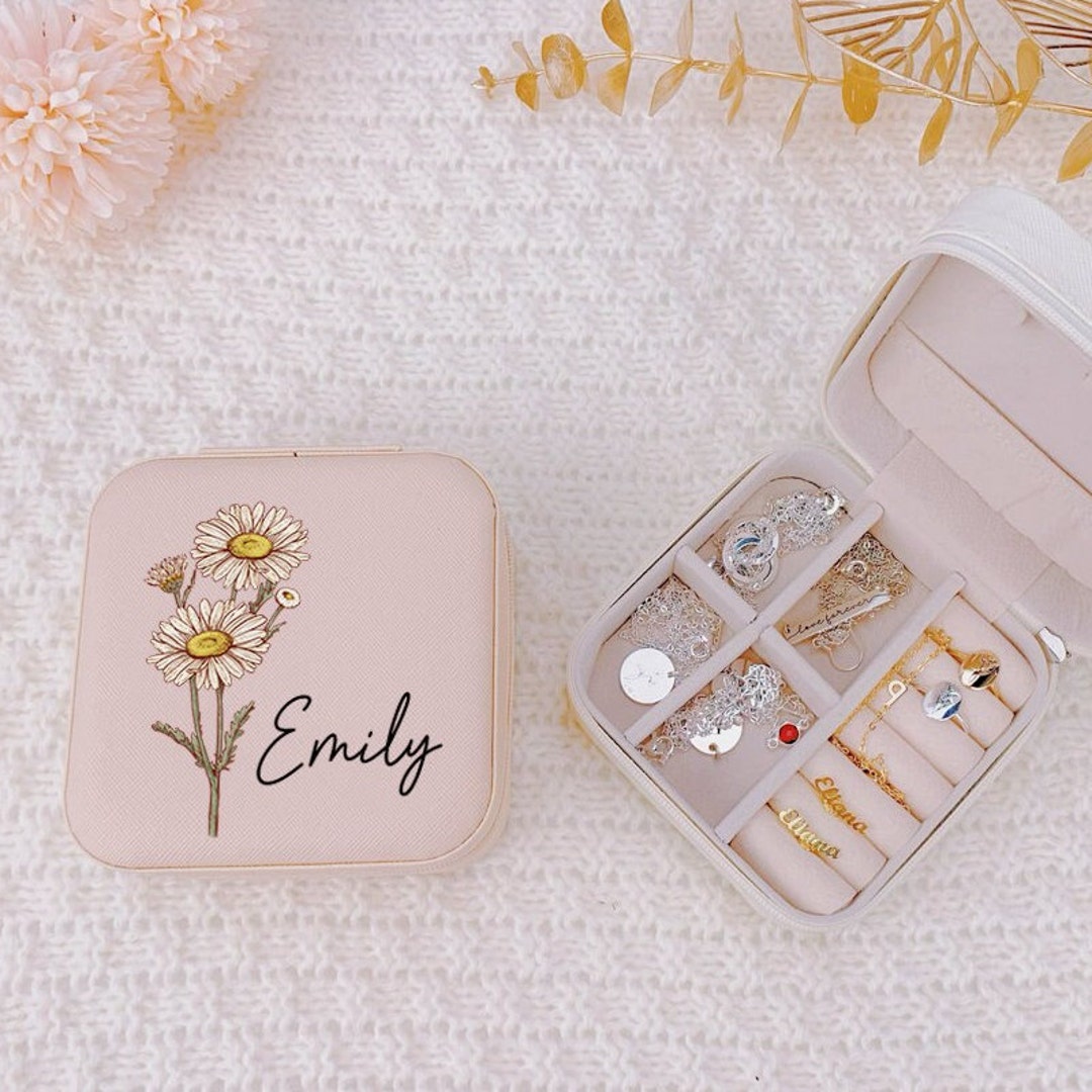Personalized Jewelry Box,birth Flower Jewelry Box,leather Travel ...