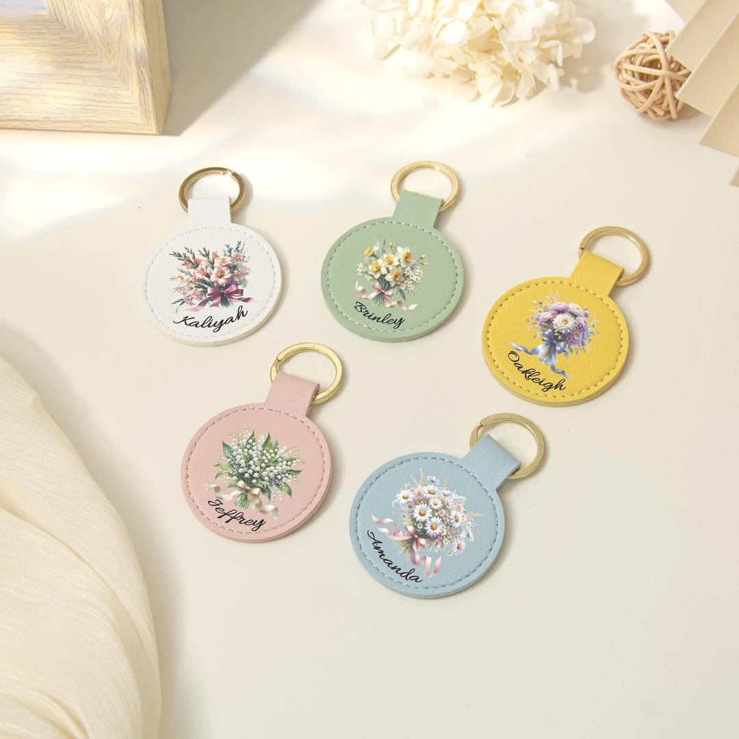 Personalized Leather Keychain, Birth Flower Bouquet Keychain ...