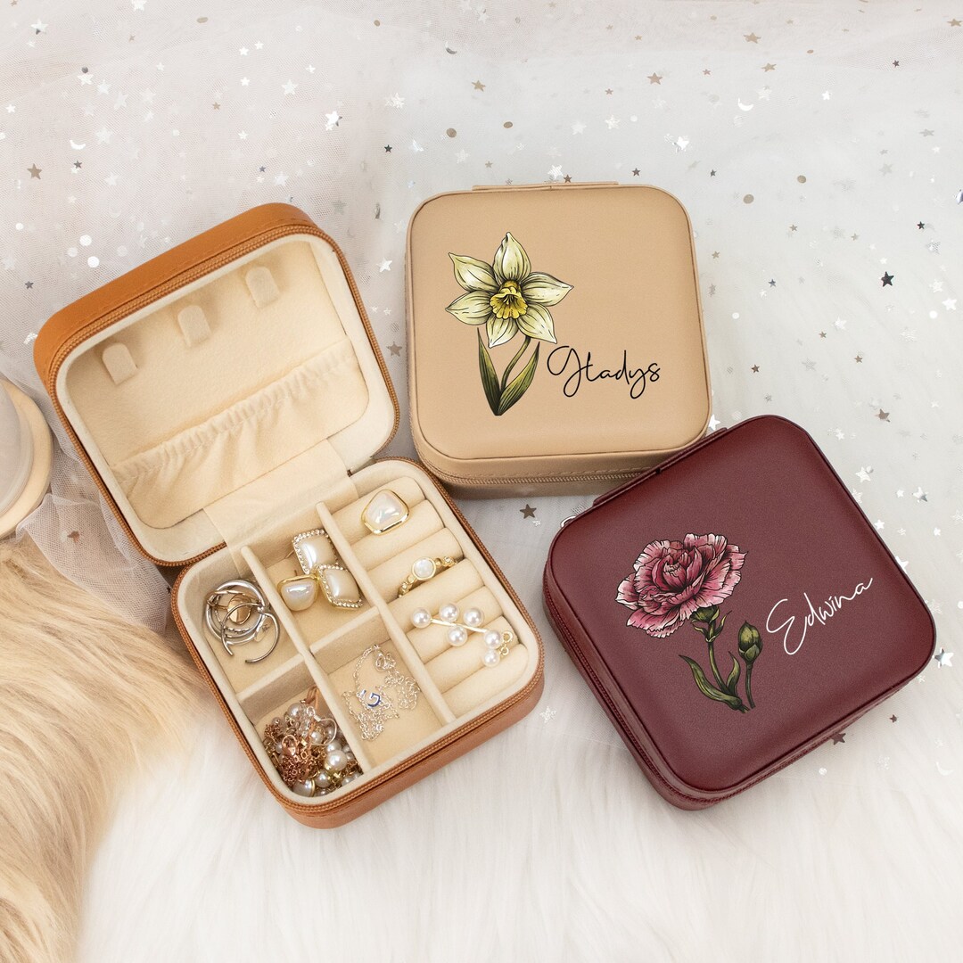 Personalized Birth Flower Jewelry Box, Leather Travel Jewelry Case ...