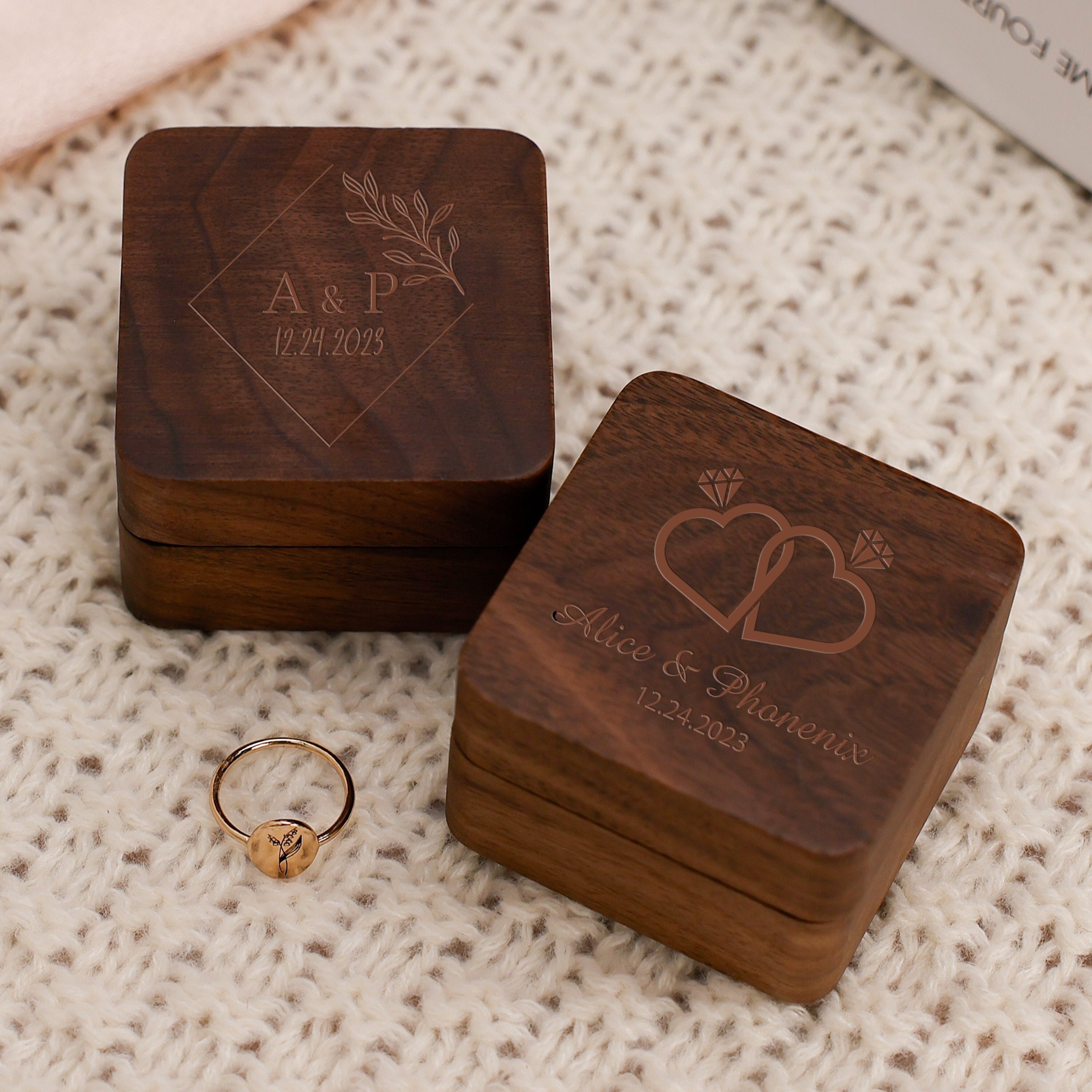 Wooden Proposal Ring Box, Customized Wooden Double Ring Box, Engraved ...