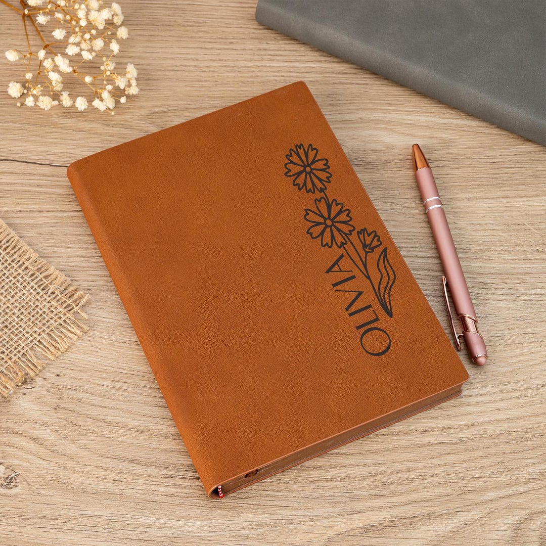 Personalized Leather Journal, Engraved Leather Notebook, Floral ...