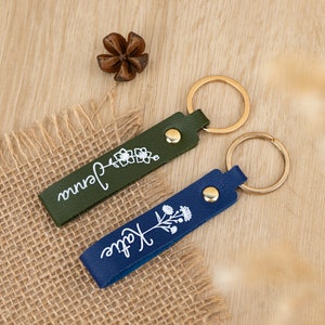 Personalized Birth Flower Leather Keychain, Leather Keyring, Bag Tags ...
