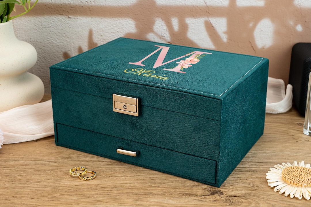 Personalized Large Jewelry Box, Velvet Initials Jewelry Box, Colorful ...