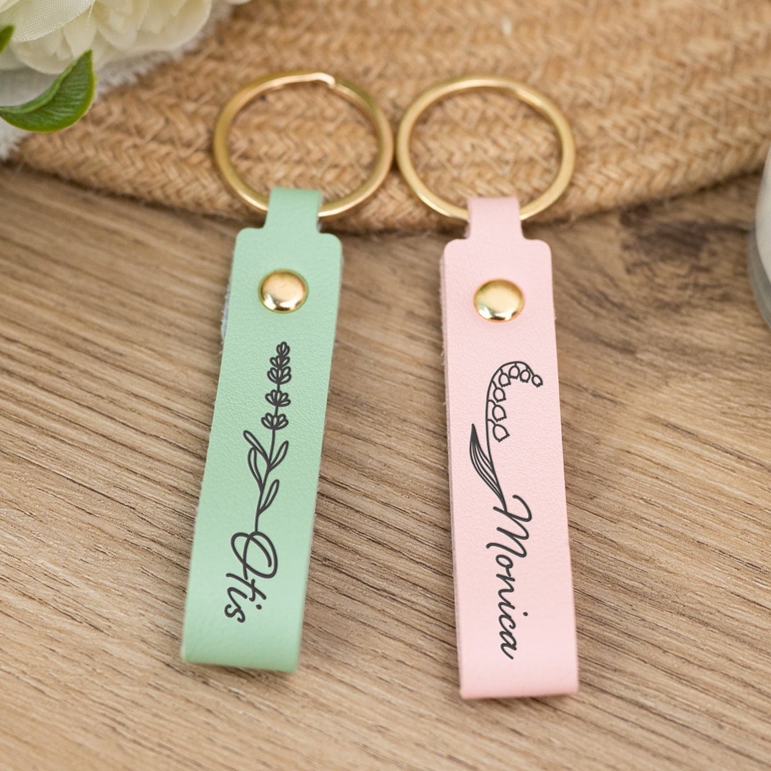 Personalized Birth Flower Leather Keychain, Leather Keyring, Bag Tags ...