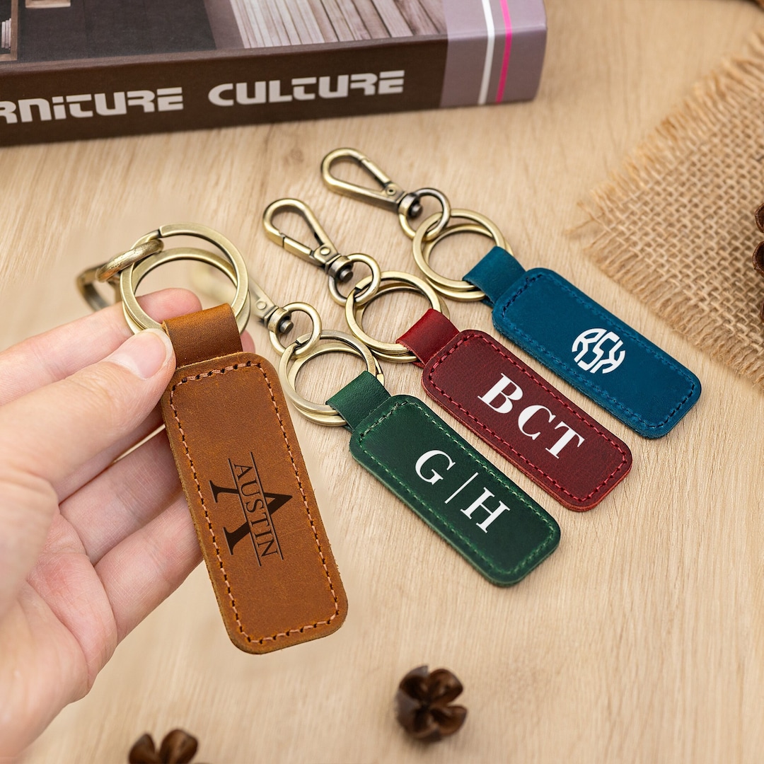 Personalised Letter Keychain for Men, Monogram Leather Keychain, Father ...