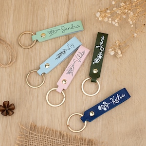 Personalized Birth Flower Leather Keychain, Leather Keyring, Bag Tags ...