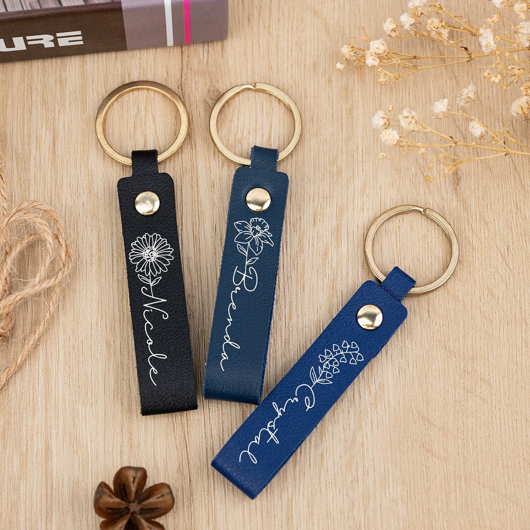 Custom Birth Flower Leather Keychain, Car Keyring for Women, Back to ...