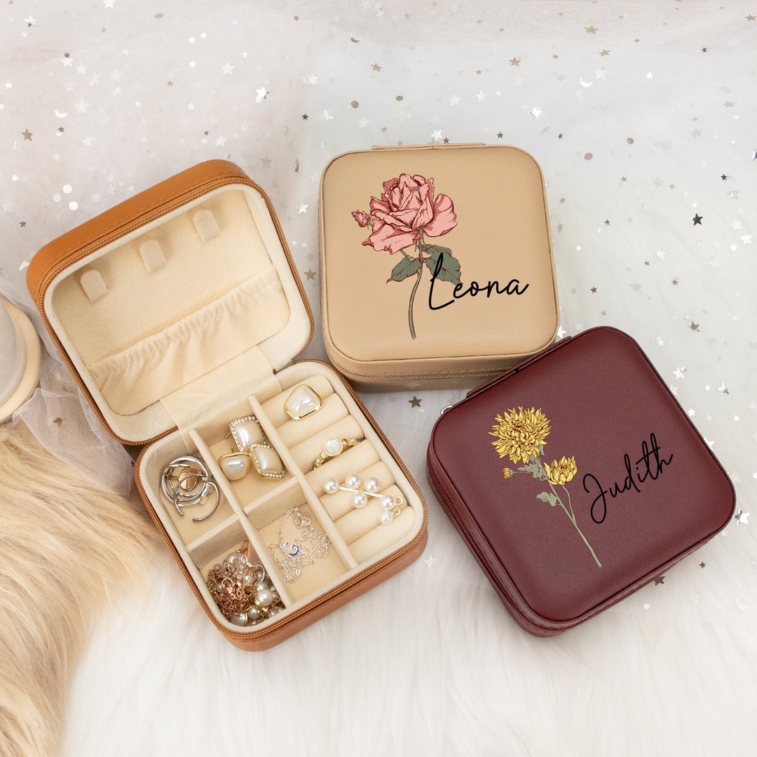 Custom Birth Flower Jewelry Box,leather Jewelry Travel Box,jewelly Box ...