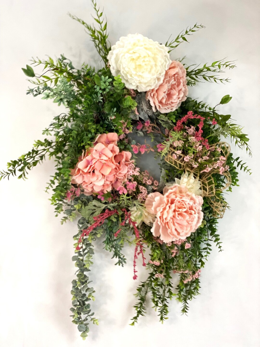 Pink Roses Wreath , Hanging Eucalyptus, Elegant Pink and White Floral ...