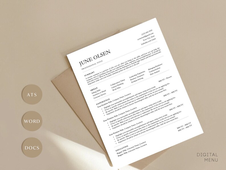 Ats-friendly Resume Template Word Google Docs Simple - Etsy