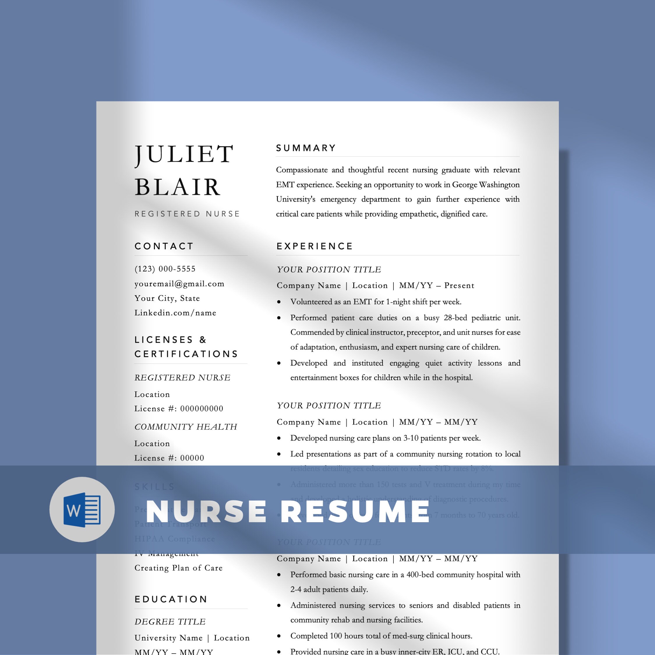 Nurse Resume Template in Word Instant Download | Registered Nurse ...