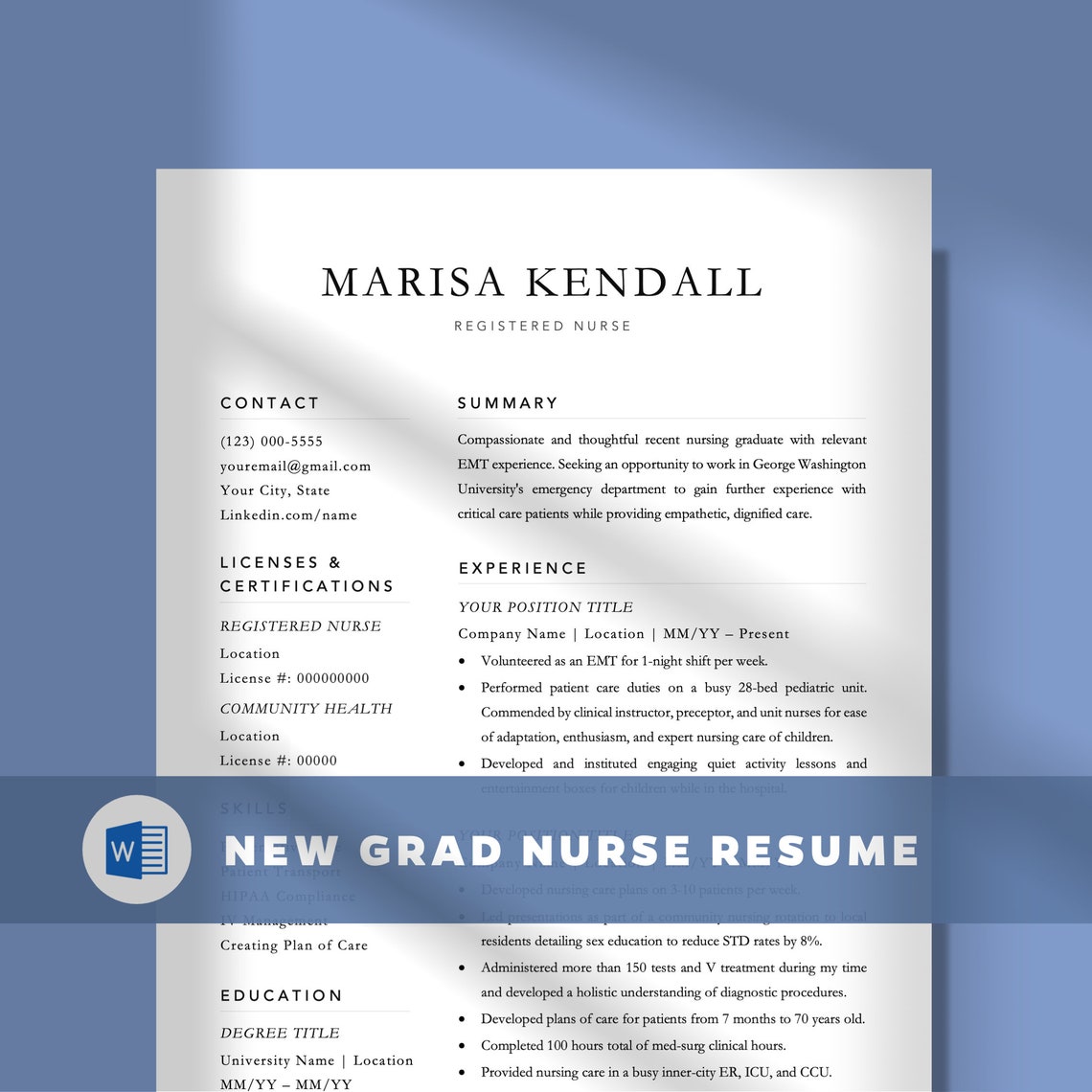 New Grad Nurse Resume Template in Word First Job Student - Etsy