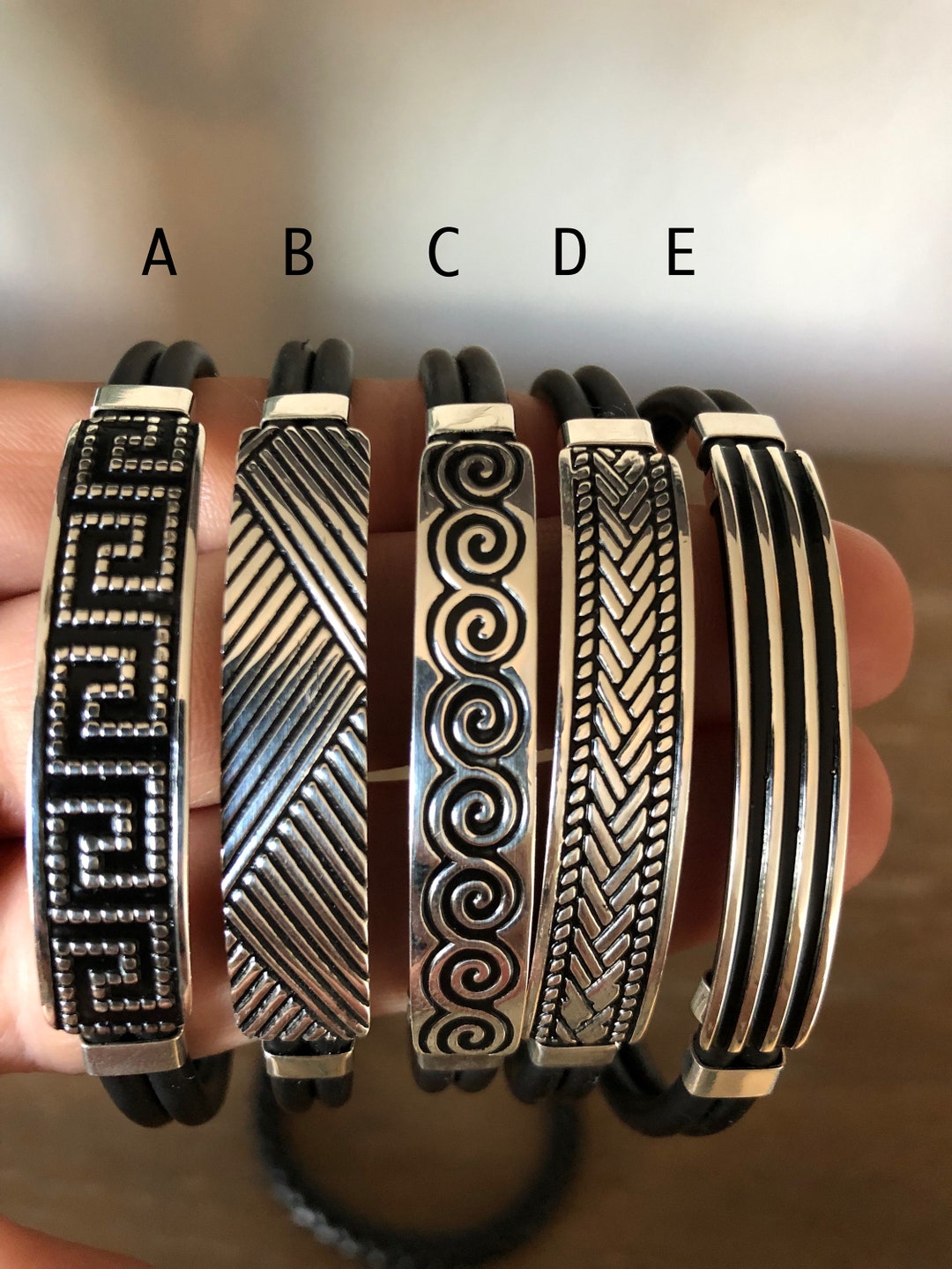 925 Sterling Silver and Silicone Bracelet/ Men Adjustable Rubber ...