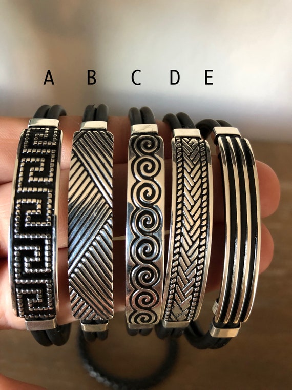 925 sterling silver and silicone bracelet Men adjustable rubber bracelet S925 black rubber bracelet designs Gift for him Holiday gifts
