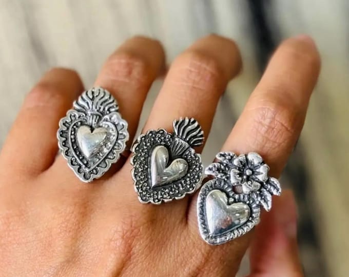 Sterling Silver Sacred Heart Ring/ 950 Handmade Ring From Mexico/ Latin ...