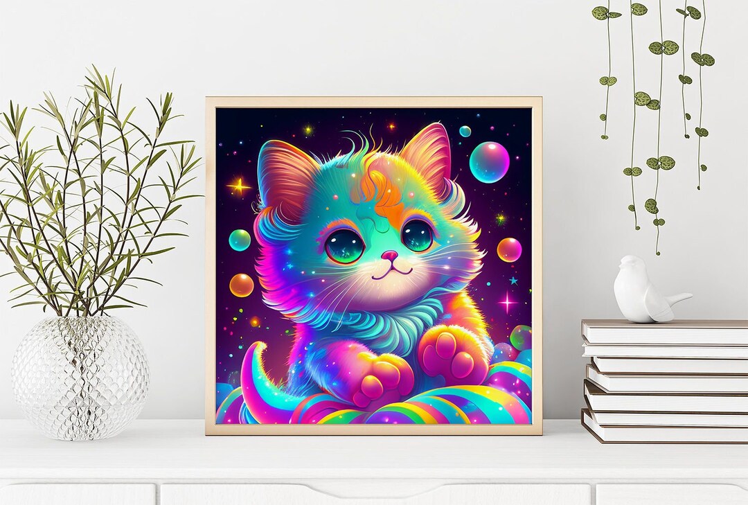 Bubble Cat Illustration Wall Art, Square Wall Art, Cat Lover Print ...