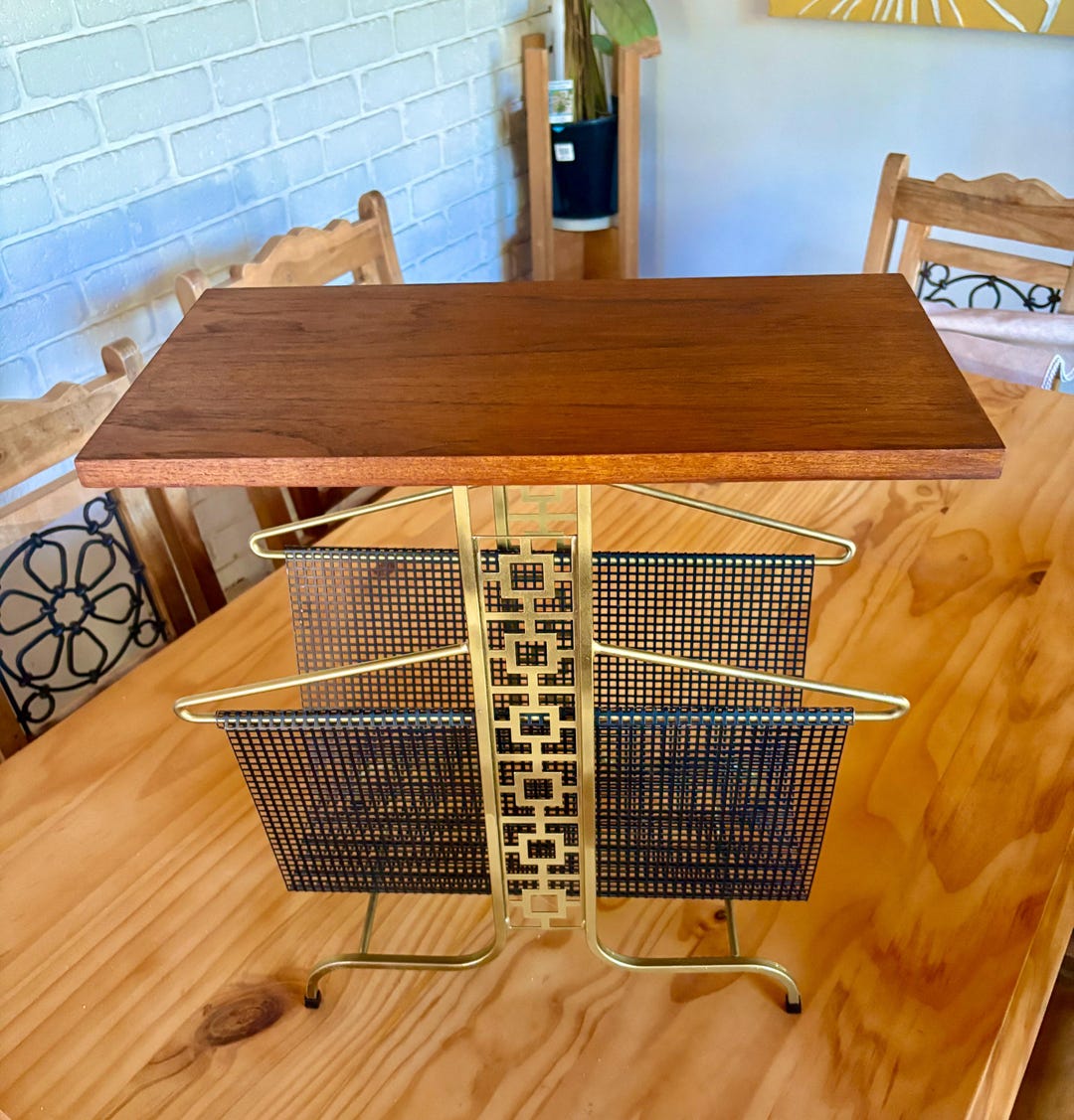 Mid-century Modern Brass & Teak Magazine Rack Table, 1950s Restored ...