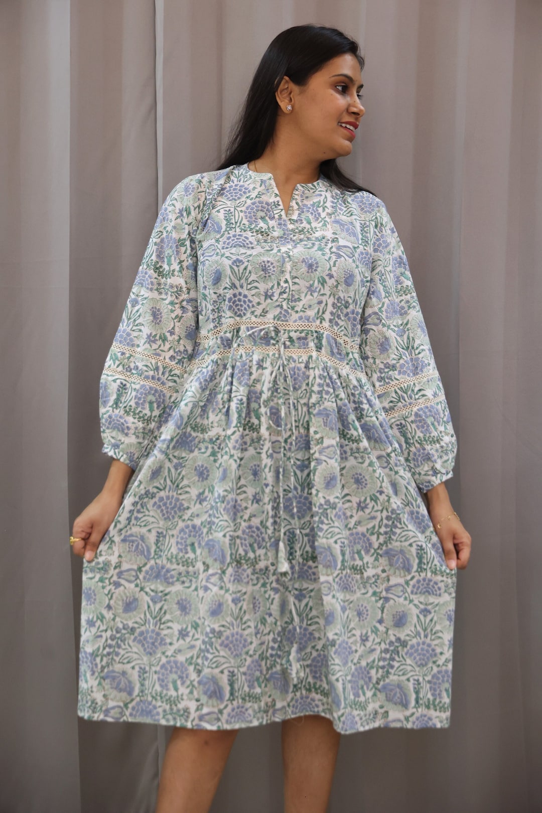 Block Print Cotton Midi Dress, Floral Summer Dress With Sleeves - Etsy