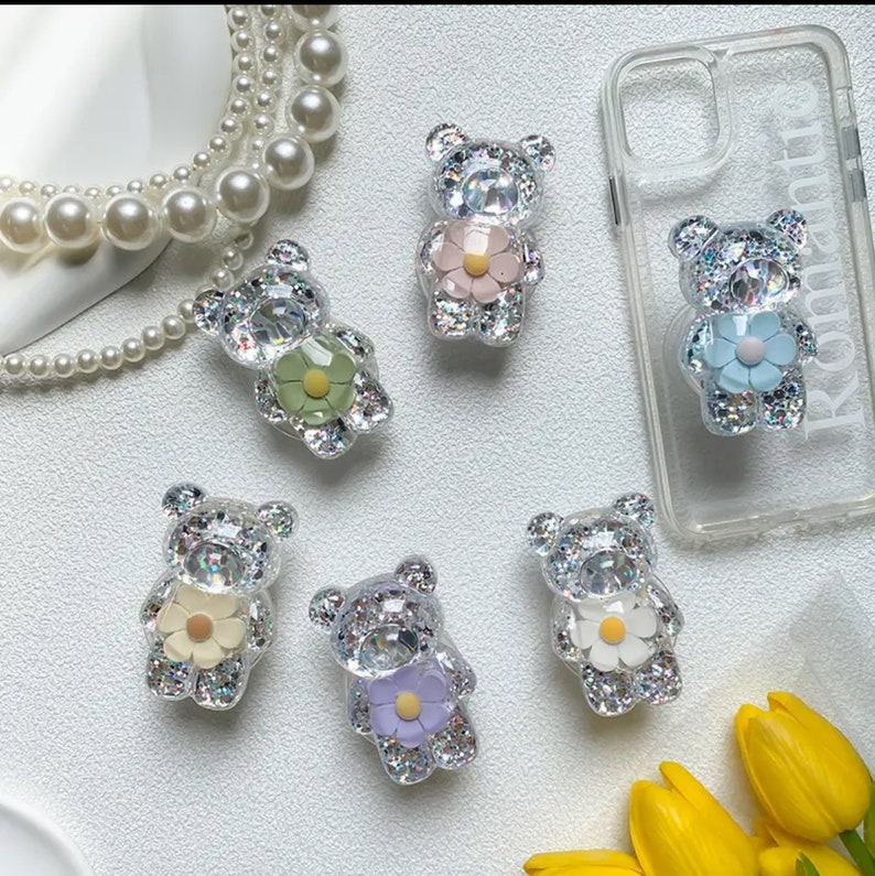1x Sparkly Clear Diamond Resin Flower Teddy Bear Pop Socket - Etsy
