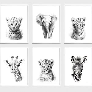 Nursery Safari Animals Black and White Watercolor, Set of 6, Printable ...