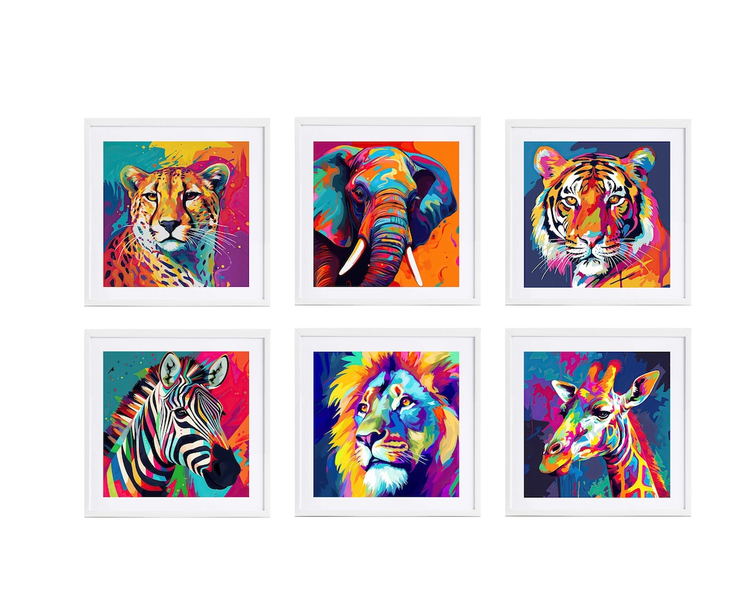 Colorful Safari Animal Print, Set of 6, Bright Colorful Nursery Art ...