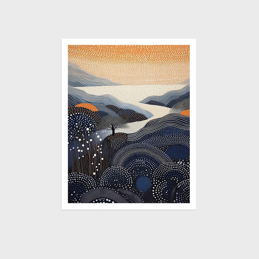 Sunset at River's End - Blue Beige Contemporary Print, Textured ...