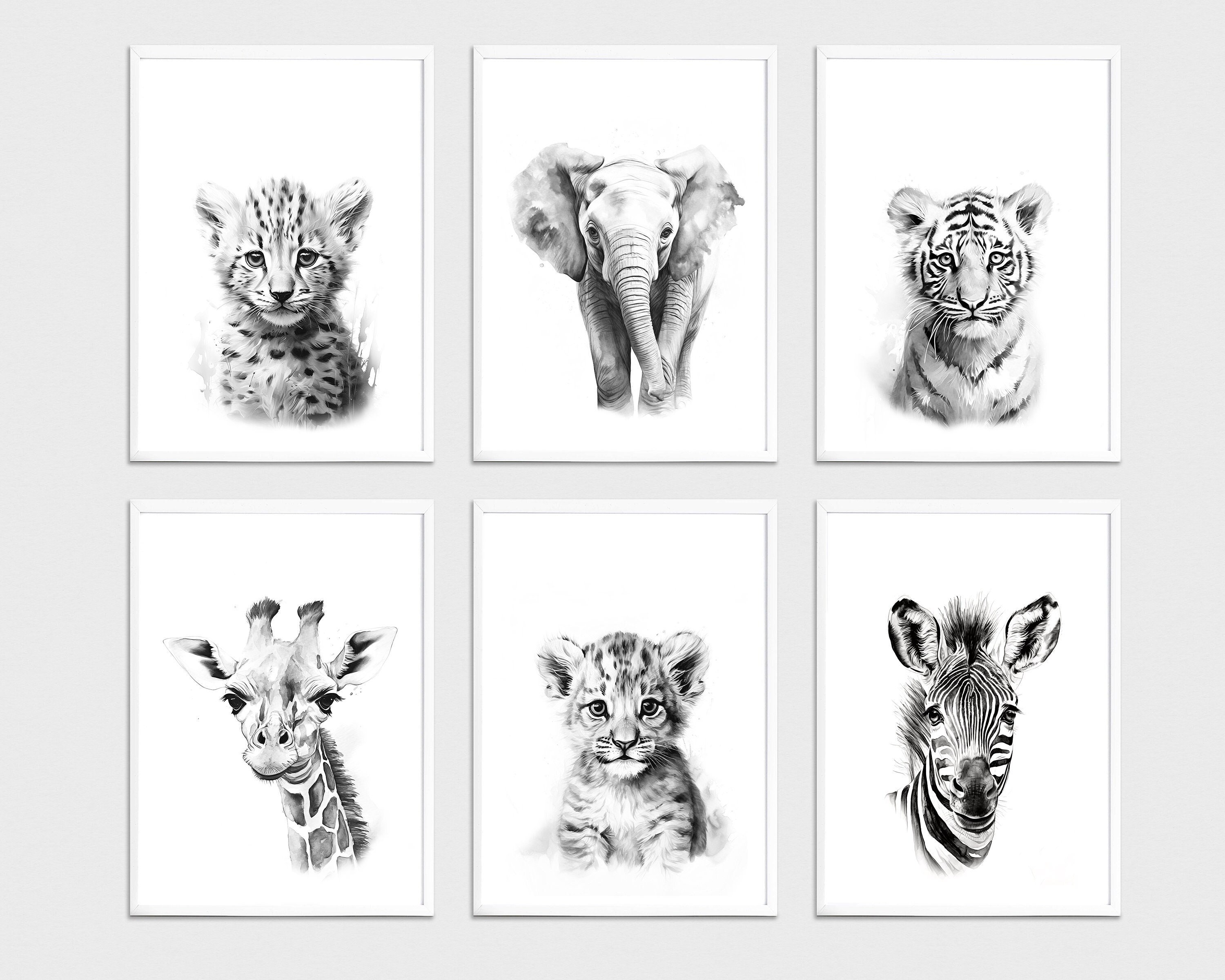 Nursery Safari Animals Black and White Watercolor, Set of 6, Printable ...