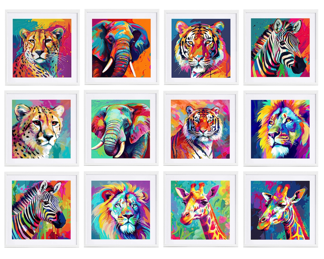 Colorful Safari Animal Print, Set of 12, Bright Colorful Nursery Art ...