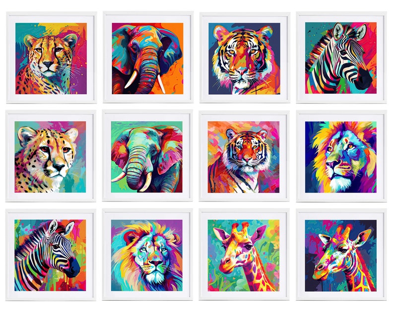 Colorful Safari Animal Print, Set of 12, Bright Colorful Nursery Art ...