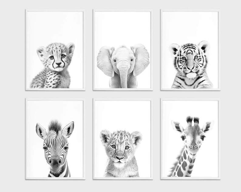 Nursery Safari Animals Black and White Art Prints - Set of 6 - Nursery ...