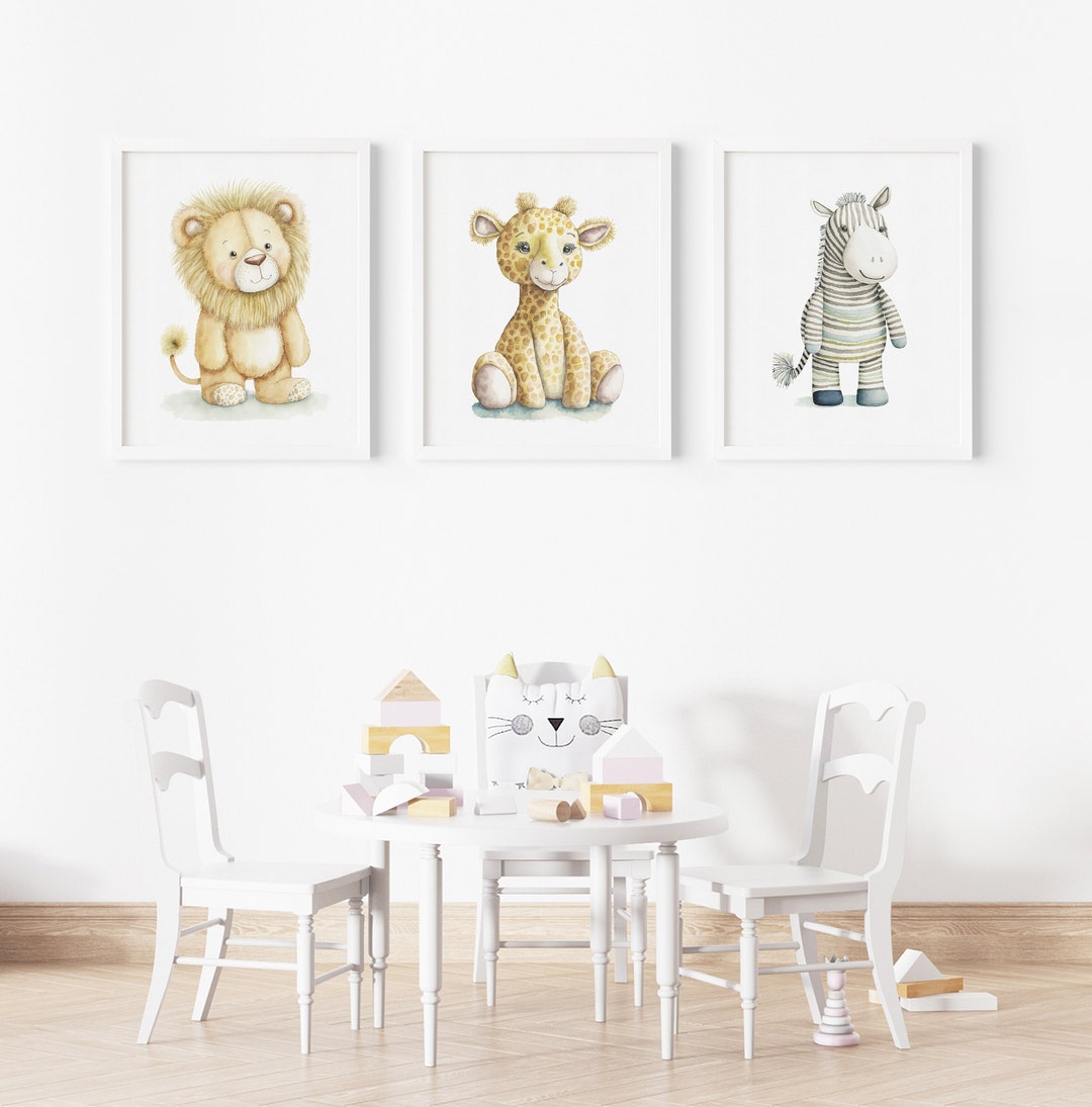 Nursery Safari Animals Color, Set of 3, Cute Stuffy Animal Watercolor ...