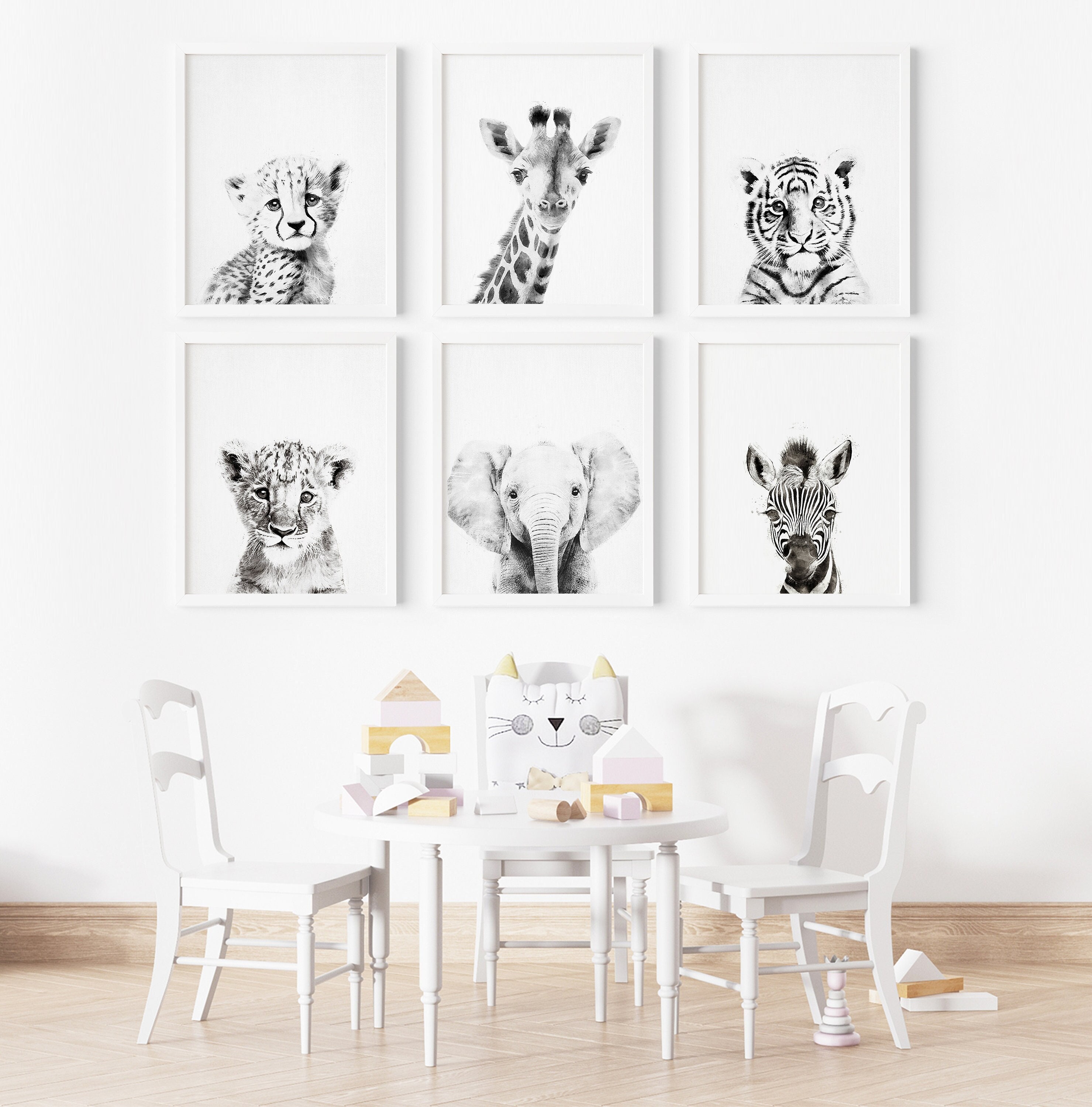 Nursery Safari Animals Black and White Watercolor, Set of 6, Printable ...