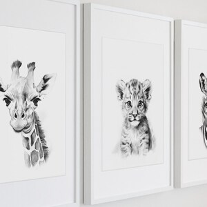 Nursery Safari Animals Black and White Watercolor, Set of 6, Printable ...