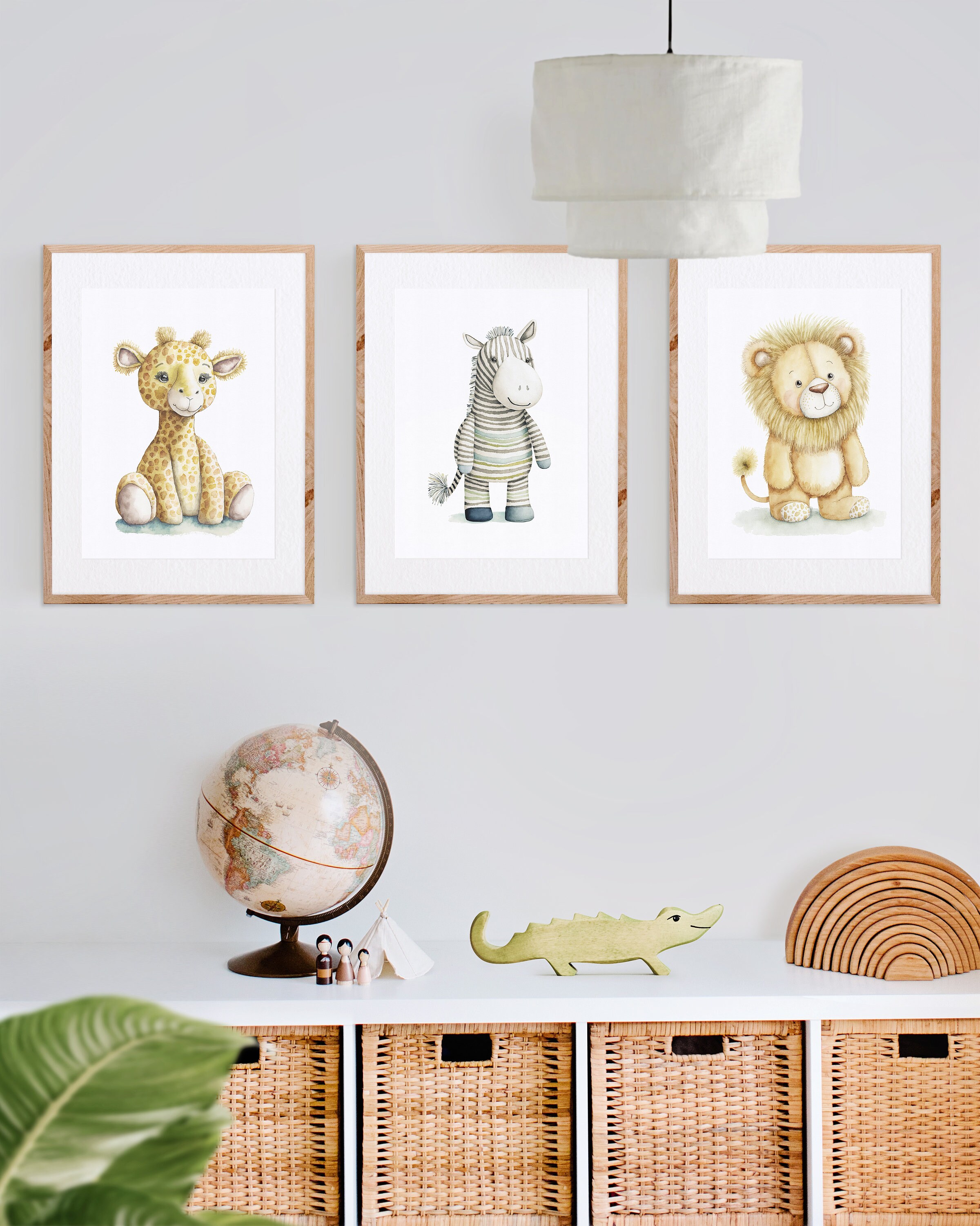 Nursery Safari Animals Color, Set of 3, Cute Stuffy Animal Watercolor ...