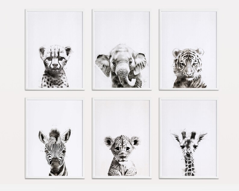 Nursery Safari Animals Black and White Watercolor, Set of 6, Printable ...
