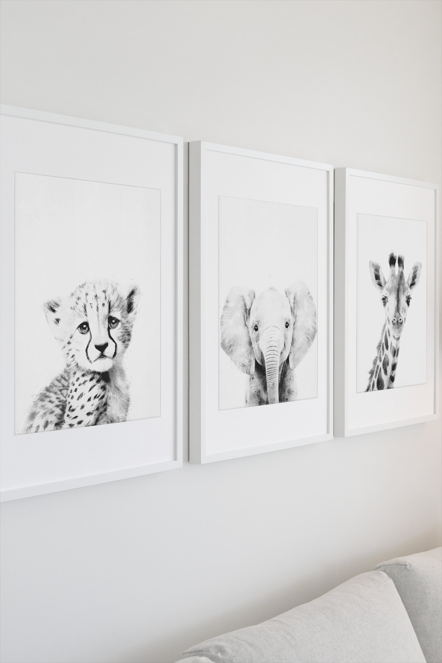 Nursery Safari Animals Black and White Watercolor, Set of 6, Printable ...