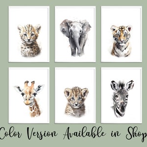 Nursery Safari Animals Black and White Watercolor, Set of 6, Printable ...
