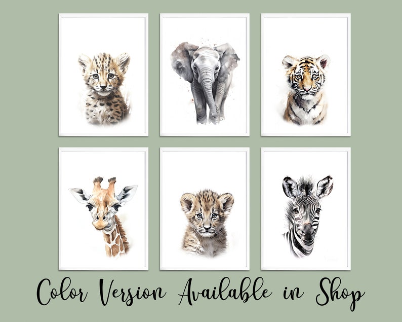 Nursery Safari Animals Black and White Watercolor, Set of 6, Printable ...