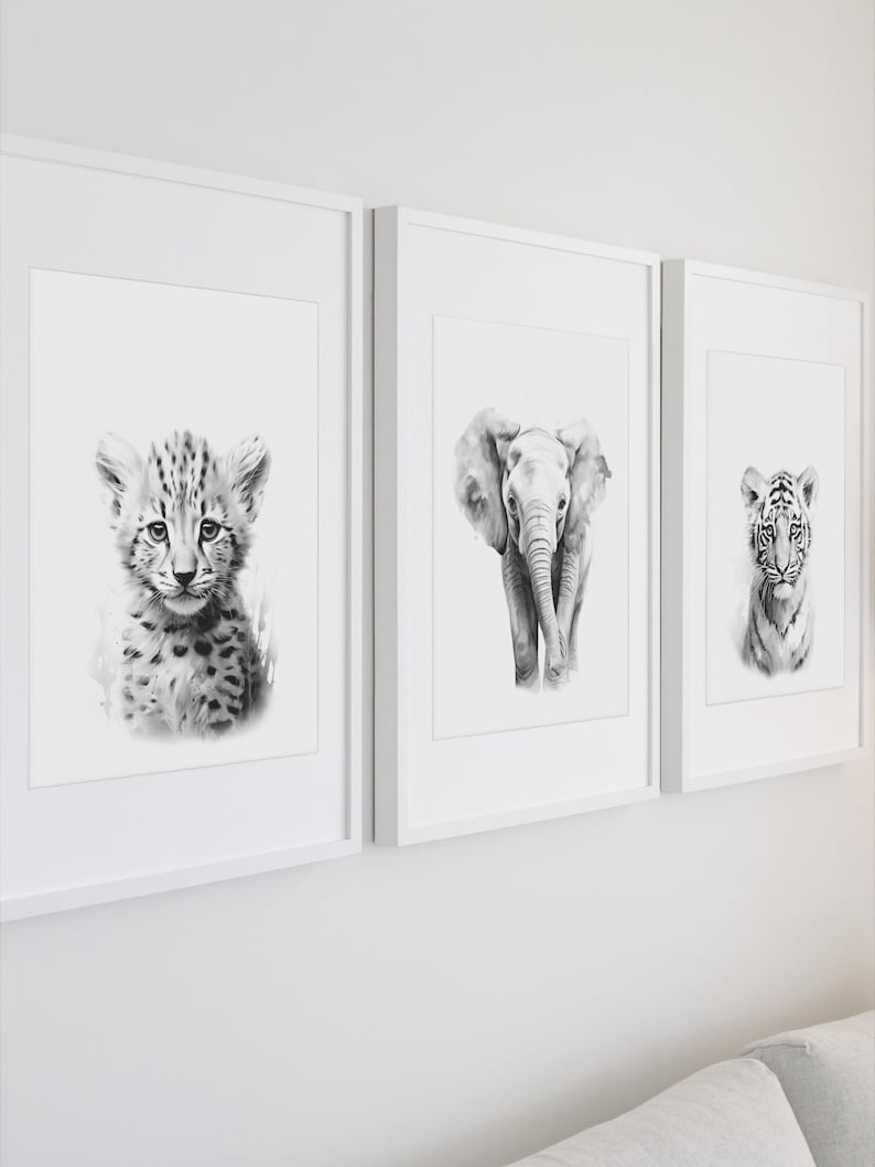 Nursery Safari Animals Black and White Watercolor, Set of 6, Printable ...