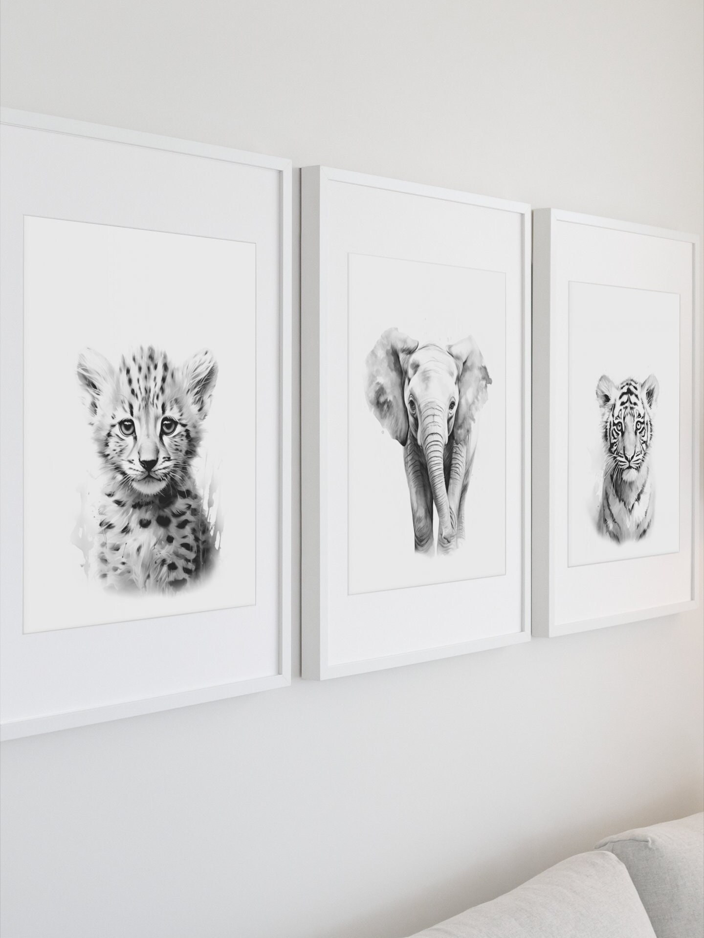 Nursery Safari Animals Black and White Watercolor, Set of 6, Printable ...