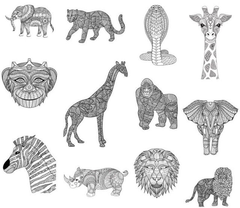 Zentangle Jungle Animal Colouring Sheets - Etsy