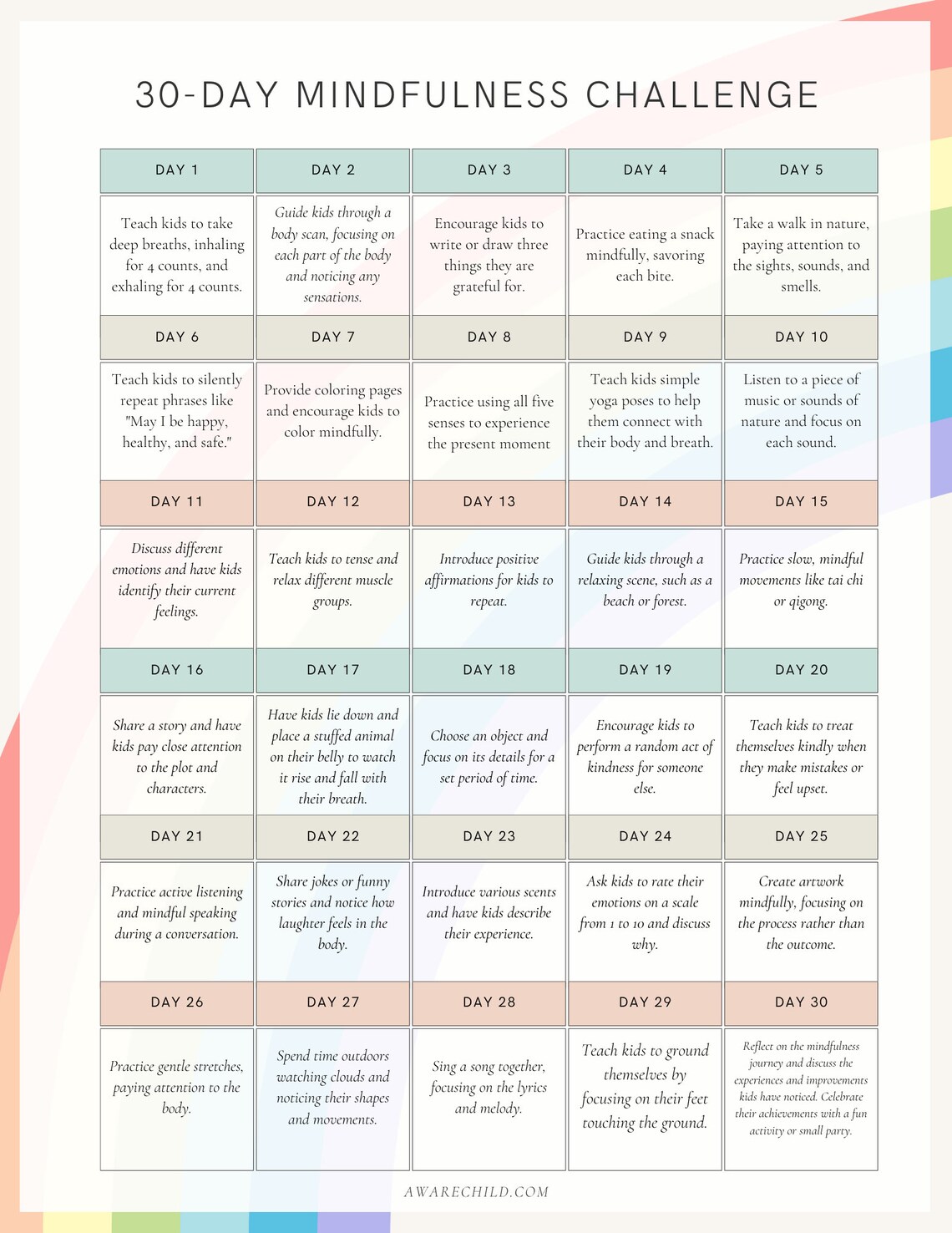 30-DAY Mindfulness Challenge for Kids - Etsy