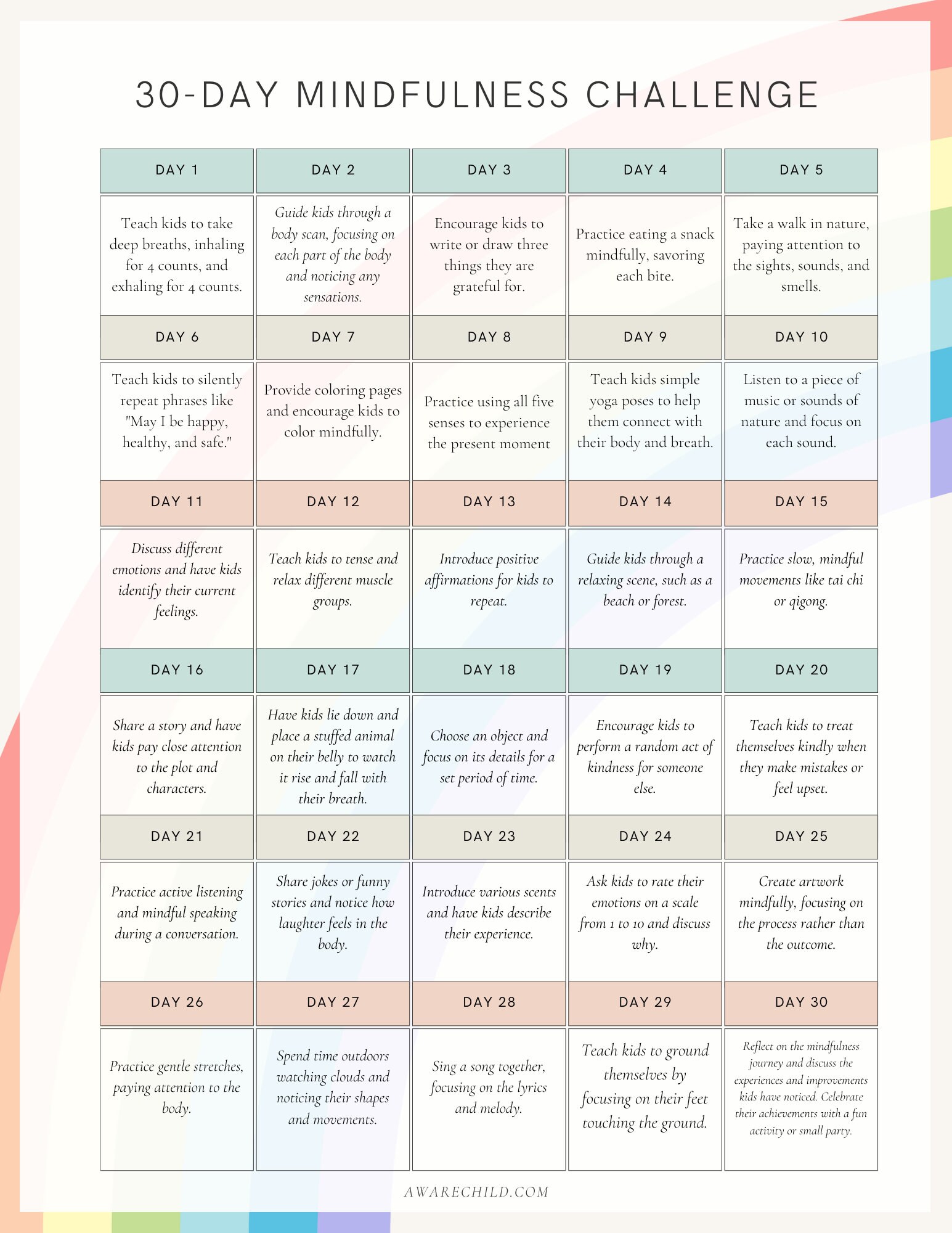 30-DAY Mindfulness Challenge for Kids - Etsy